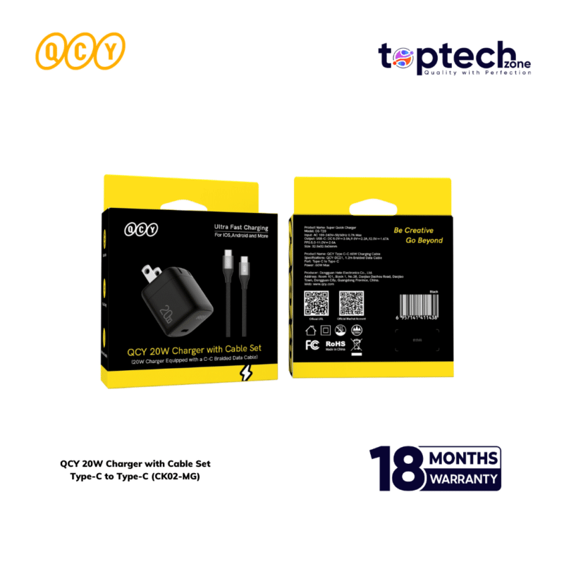 QCY 20W Charger with Cable Set Type-C to Type-C (CK02-MG) - Top Tech Zone
